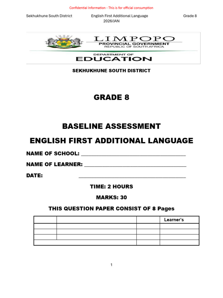 Grade 8 Sekhukhune South District Baseline Assessment 2026 | PDF