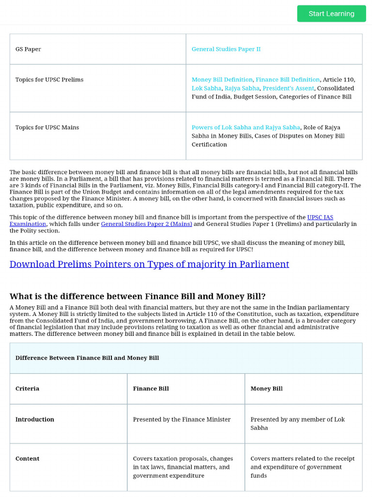 Difference Between Money Bill and Finance Bill - UPSC Notes | PDF