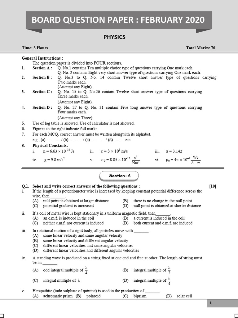 Physics Board Exam Question Paper 2020 | PDF | Wavelength | Electron