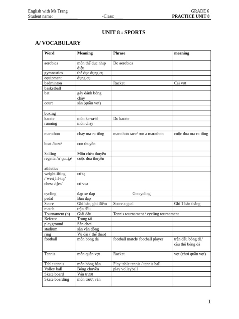 Grade 6 Sports Vocabulary Practice | PDF
