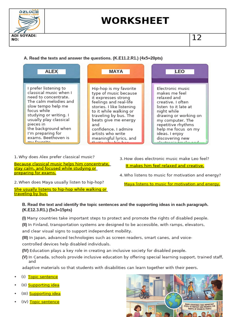 Music Preferences and Human Rights Worksheet | PDF