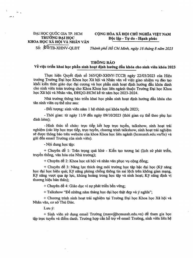 [QLĐT] Thông Báo Về Việc Triển Khai Học Phần Sinh Hoạt Định Hướng Đầu ...