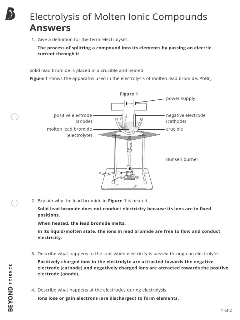 Electrolysis of Molten Ionic Compounds Worksheet Answers | PDF | Anode ...