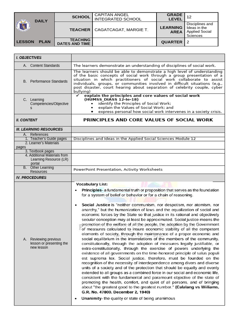 Principles and Core Values of Social Work | PDF | Learning | Teachers