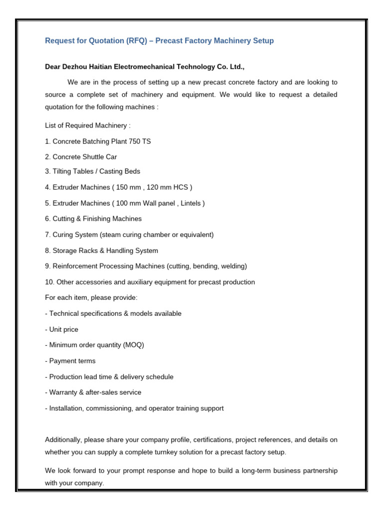 RFQ for Precast Concrete Machinery | PDF