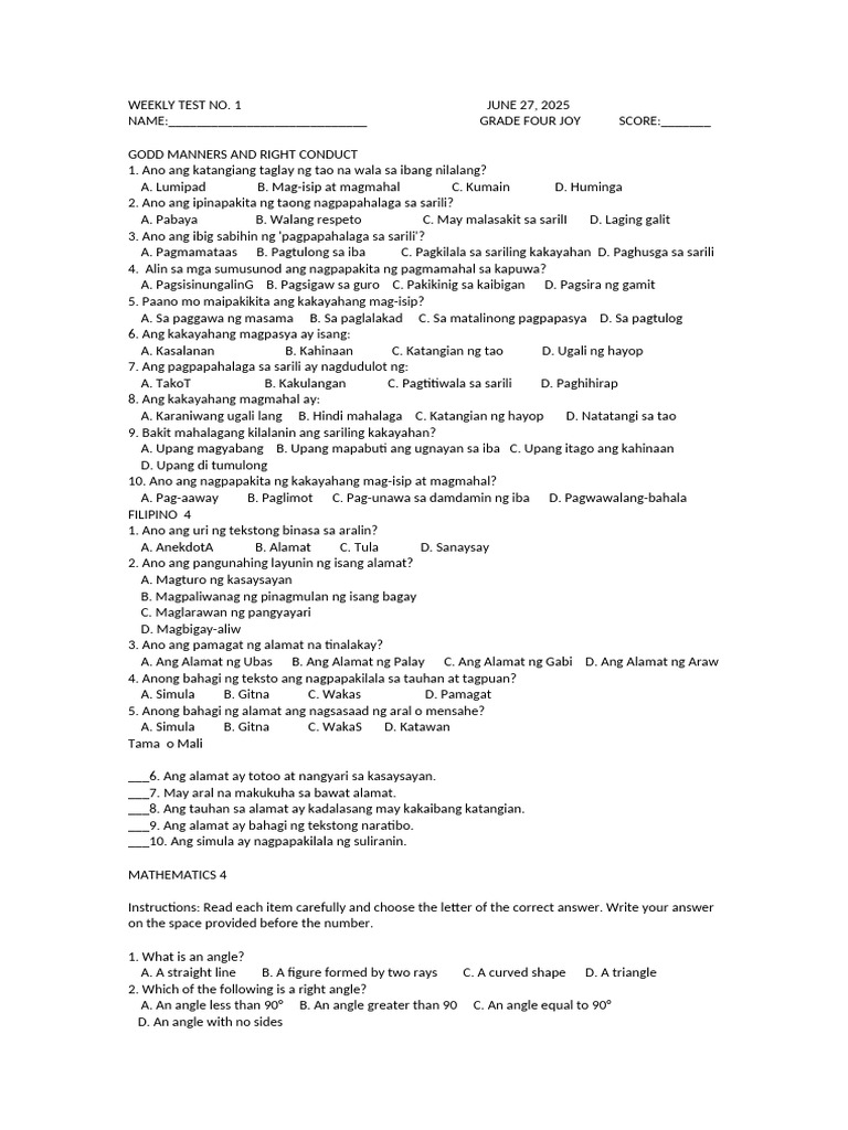 quarter 1 WEEKLY TEST NO.1 | PDF