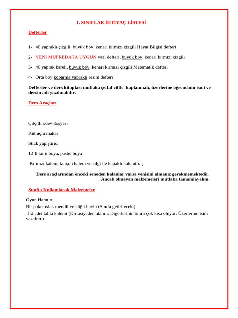 1 - Sinif Ihtiyac Listesi | PDF