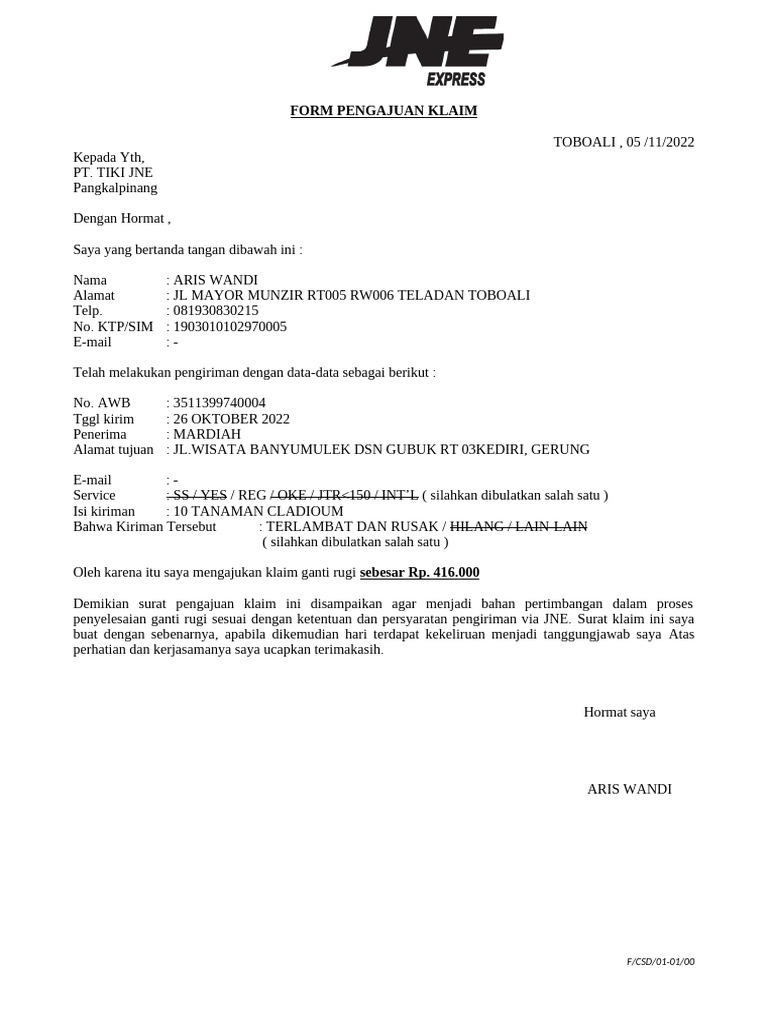 Klaim Ganti Rugi Pengiriman JNE 2022 | PDF