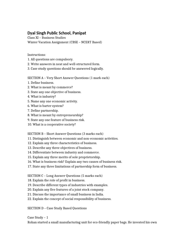 Class XI Business Studies Winter Assignment | PDF | Business | Economies