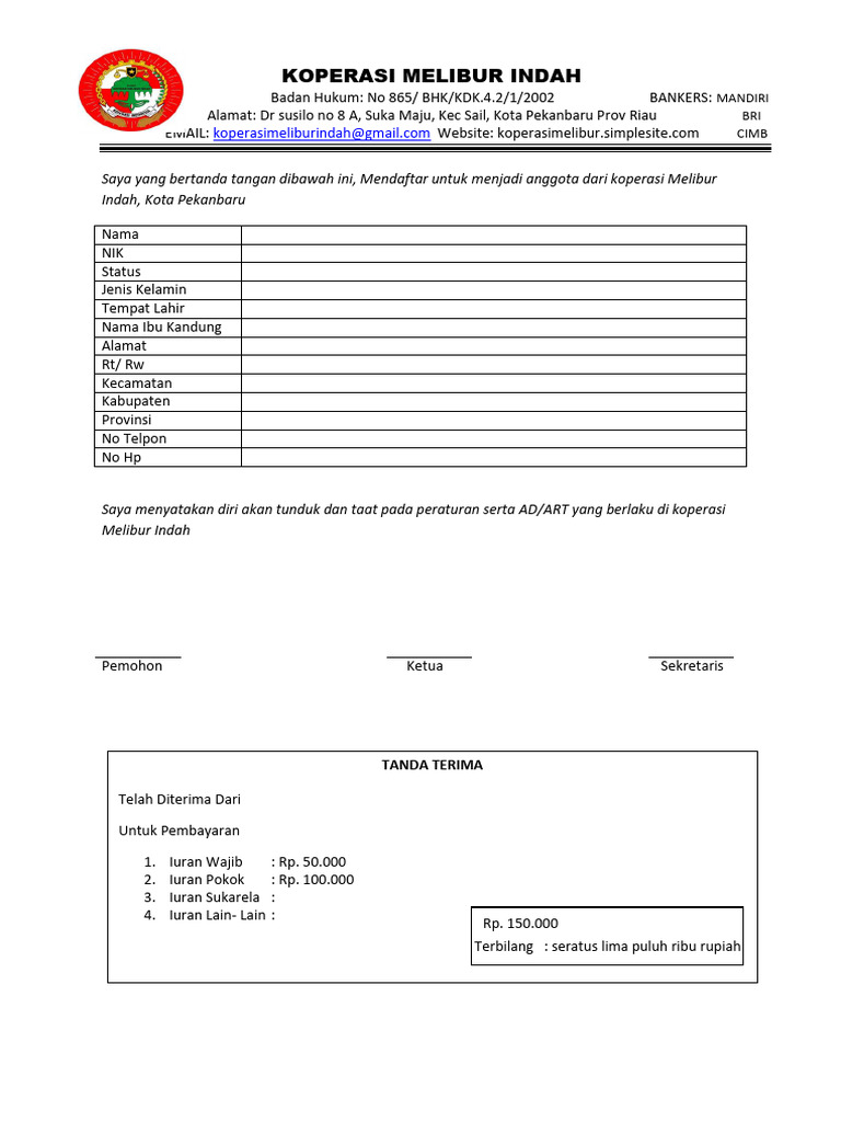 Pendaftaran Anggota Koperasi Melibur Indah | PDF