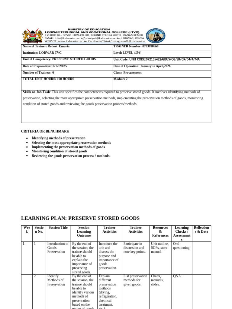 Goods Preservation Training Plan | PDF
