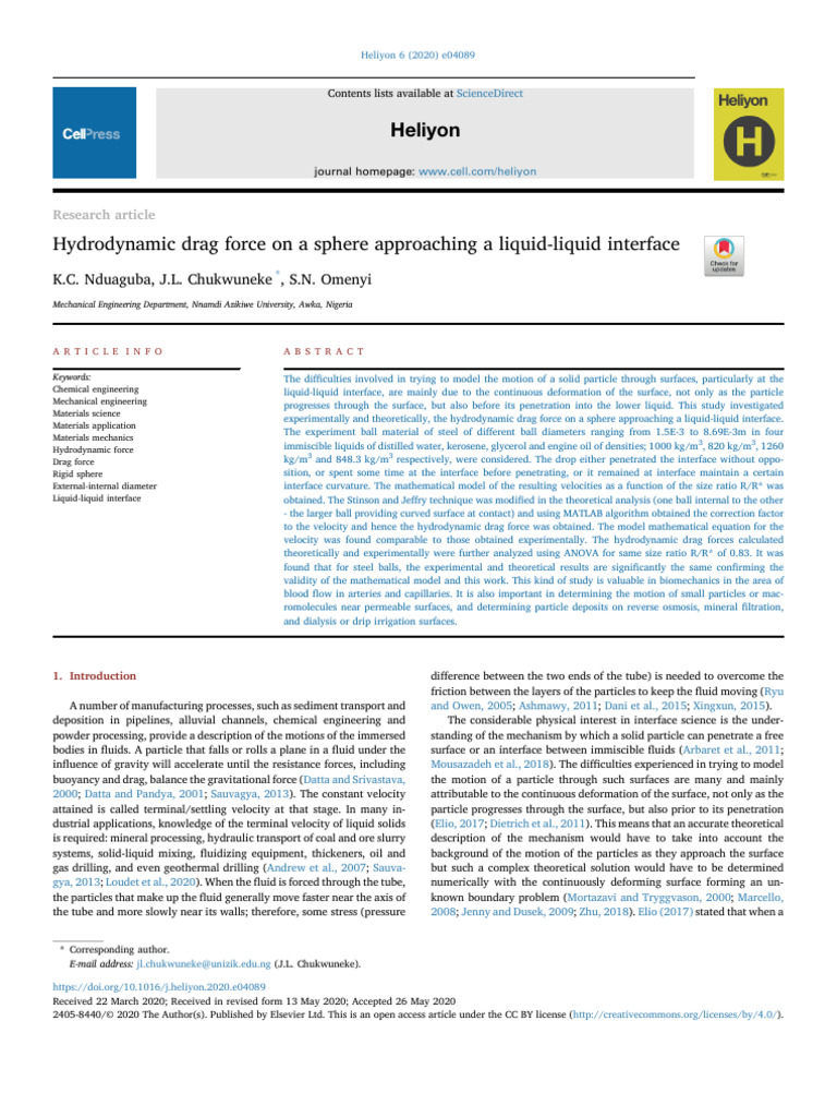 Hydrodynamic Drag on Sphere at Liquid Interface | PDF | Force ...