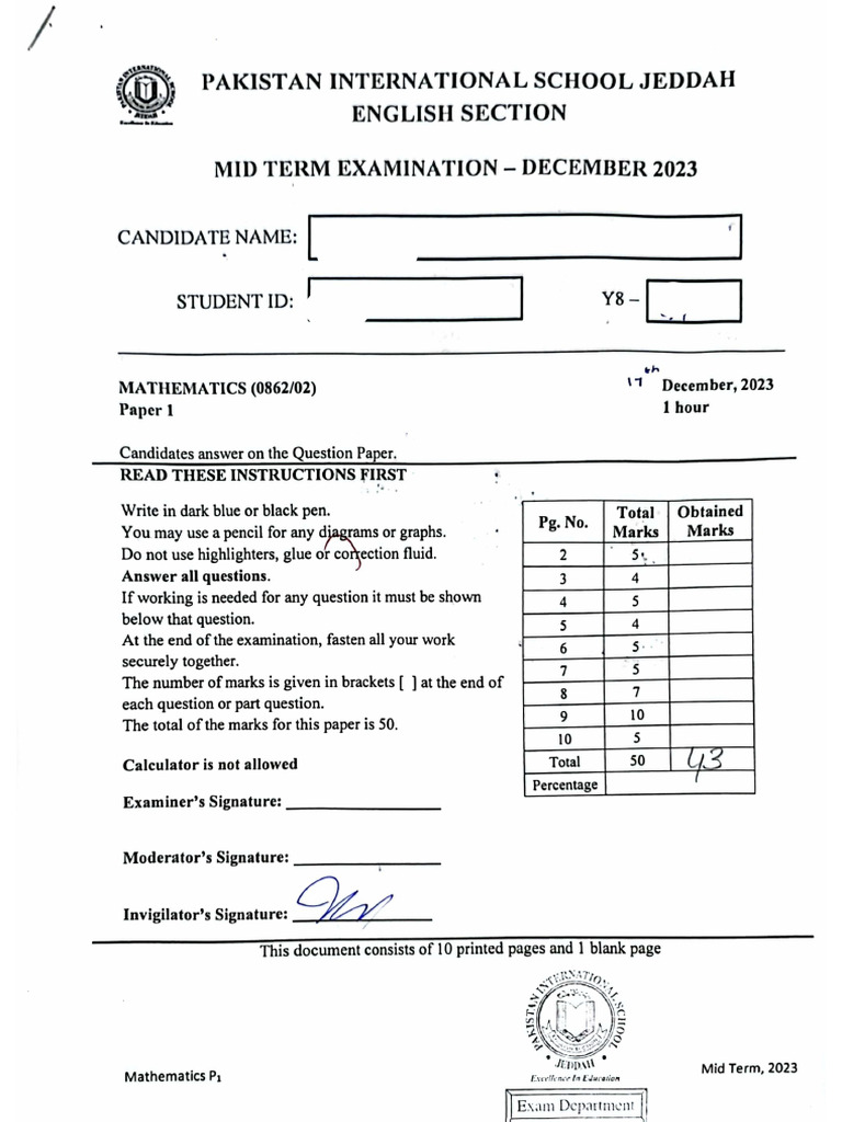 Y8 Maths Mid Term Exam Solved | PDF