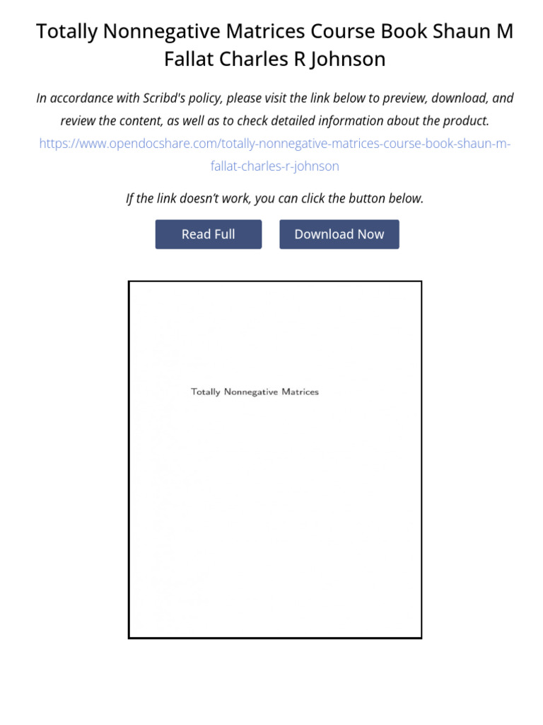 Totally Nonnegative Matrices Course Book Shaun M Fallat Charles R ...