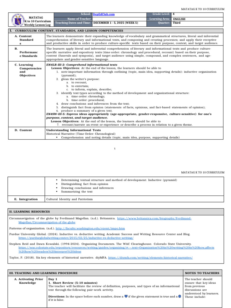 DLL Matatag - English 4 q3 w5 | PDF | Human Communication | Learning