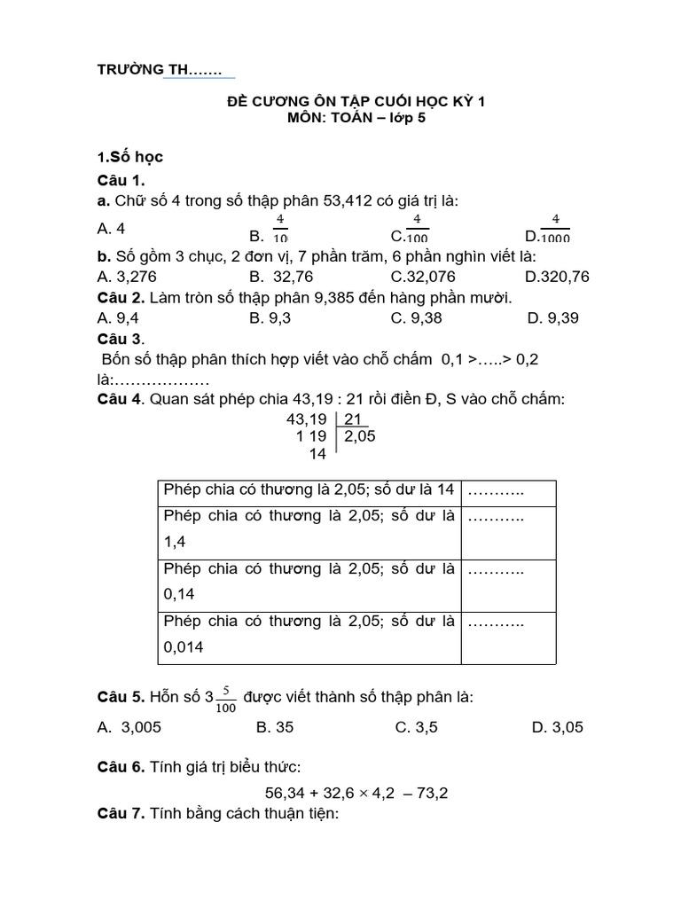De Cuong On Tap Hoc Ki 1 Toan Lop 5 Ket Noi Tri Thuc | PDF