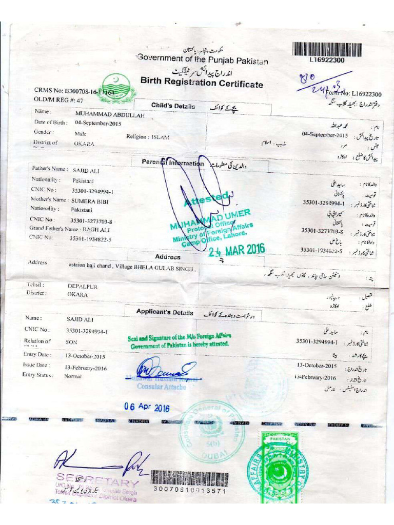 MUHAMMAD ABDULLAH Birth Registration Certificate | PDF