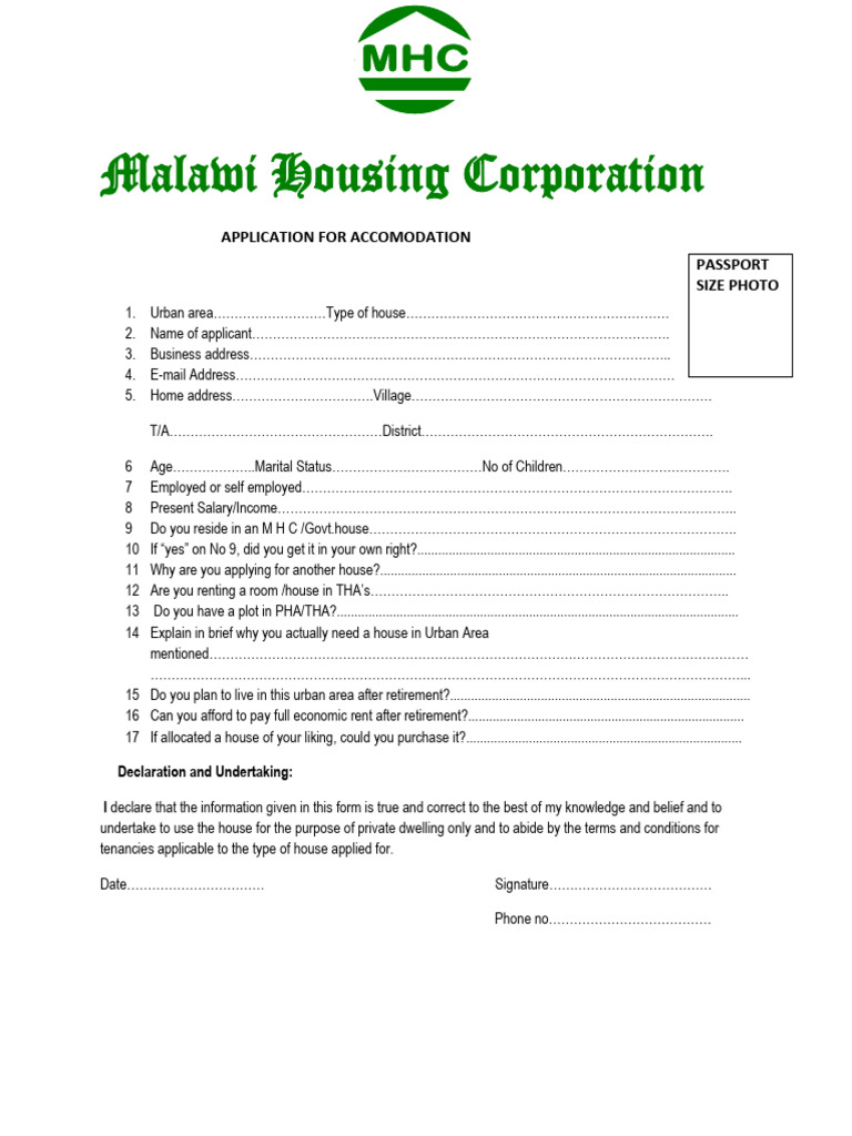 Malawi Housing Corporation Application Form | PDF