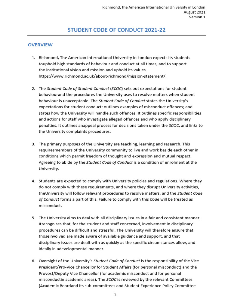 Richmond University Student Conduct Code | PDF | Student Affairs ...