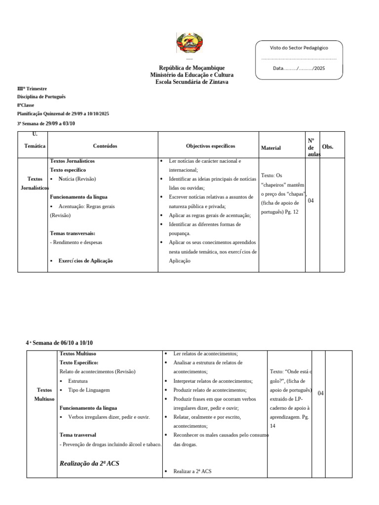 Plano quinzenal(5 e 6 S) 29.09-10.10. | PDF
