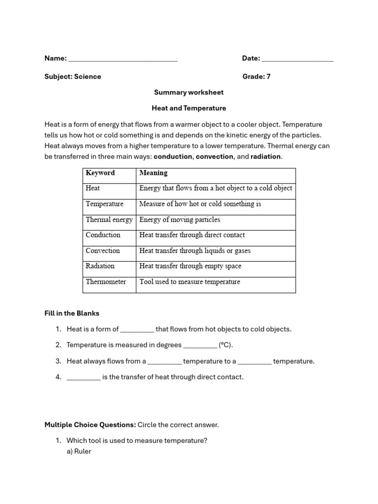Grade 7 Heat and Temperature Worksheet PDF | PDF