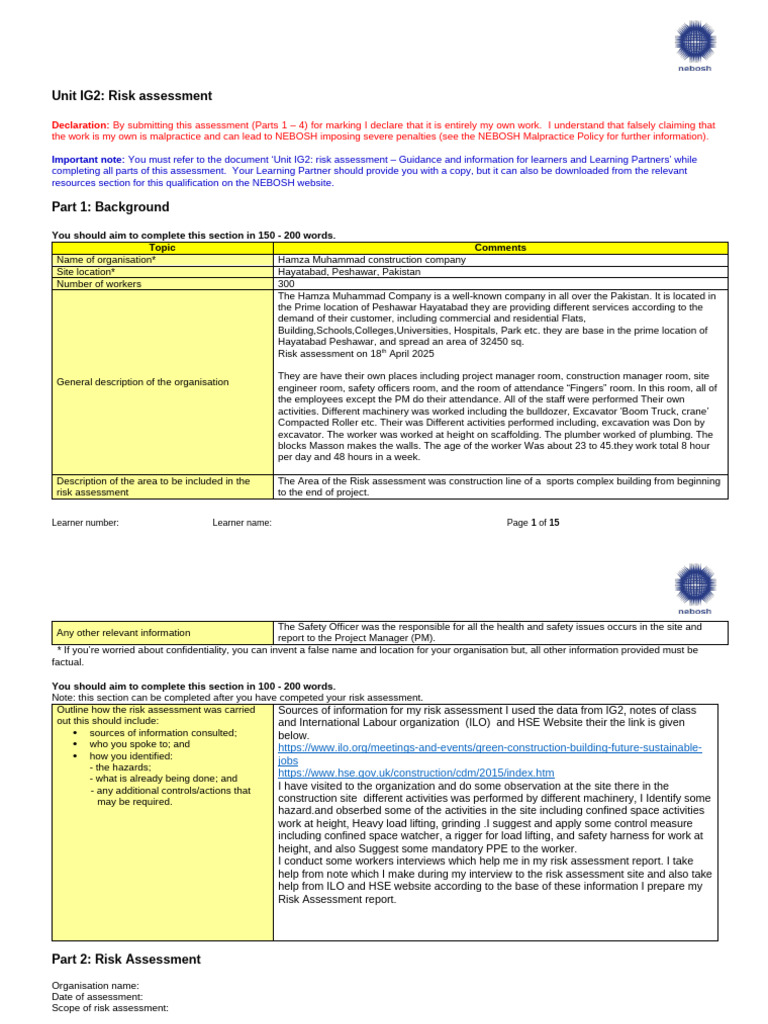 NEBOSH IG2 Risk Assessment Guide | PDF | Occupational Safety And Health ...