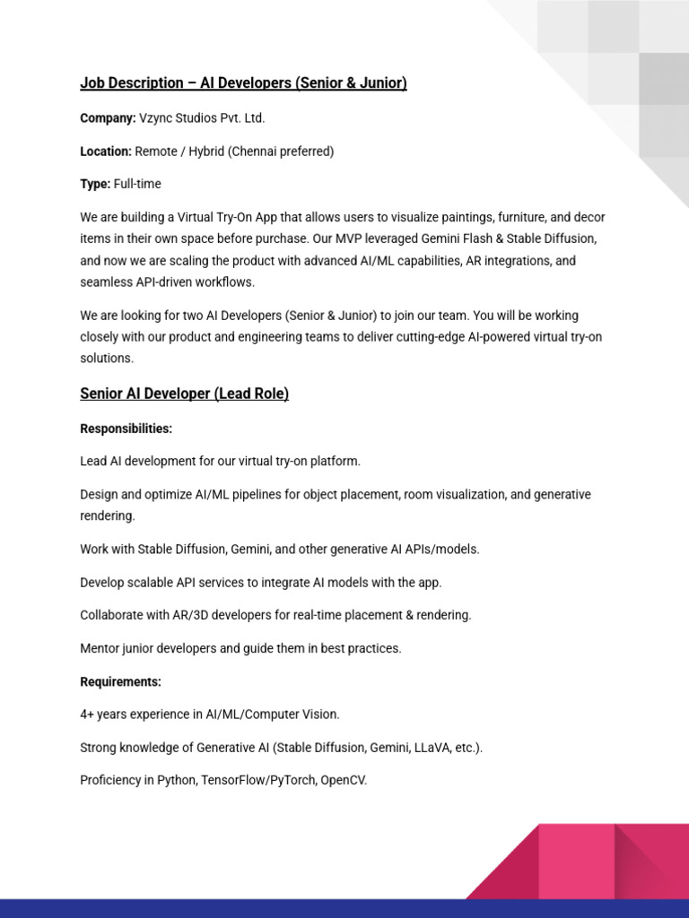 AI Developer Jobs at Vzync Studios | PDF | Artificial Intelligence ...