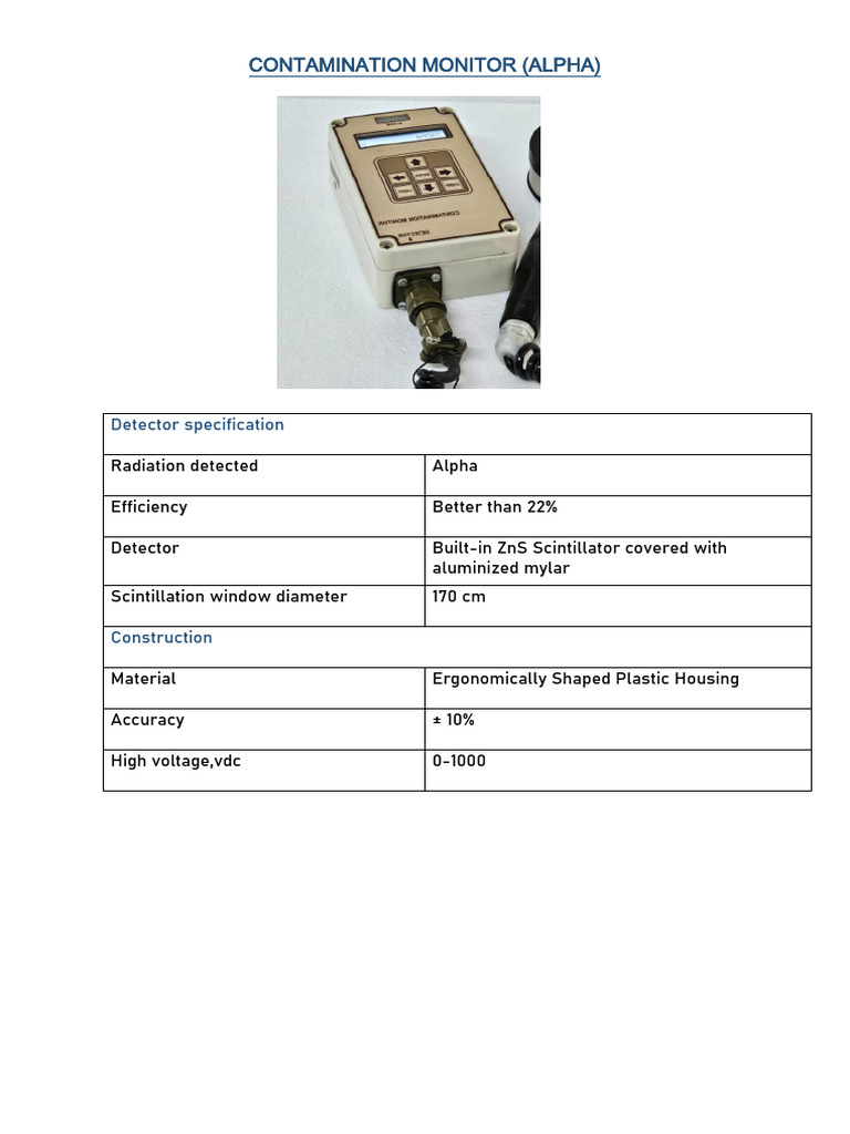 Alpha Radiation Contamination Monitor Specs | PDF