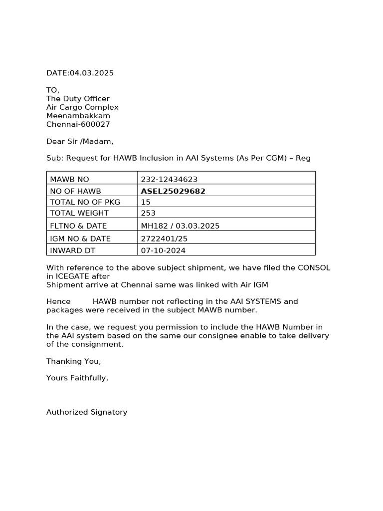 Request to Include HAWB in AAI Systems | PDF