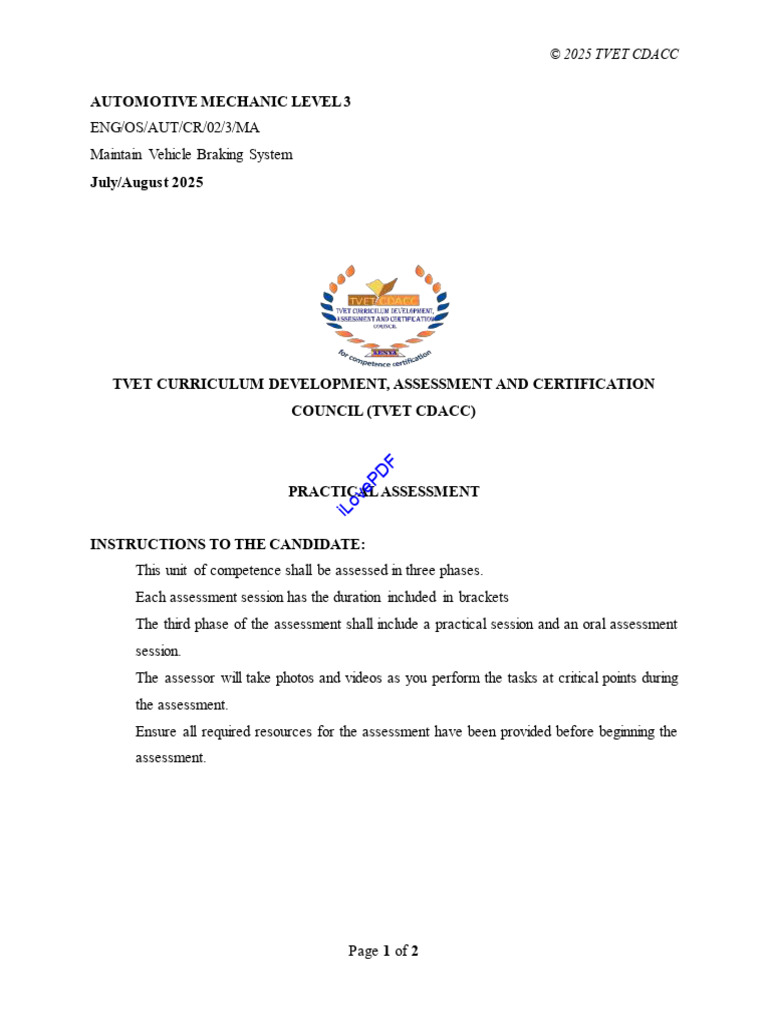 Maintain Vehicle Braking System Assessment | PDF | Brake | Vehicle ...