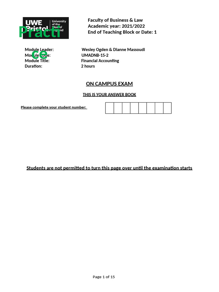 Financial Accounting Exam Practice Paper | PDF | Balance Sheet | Equity ...