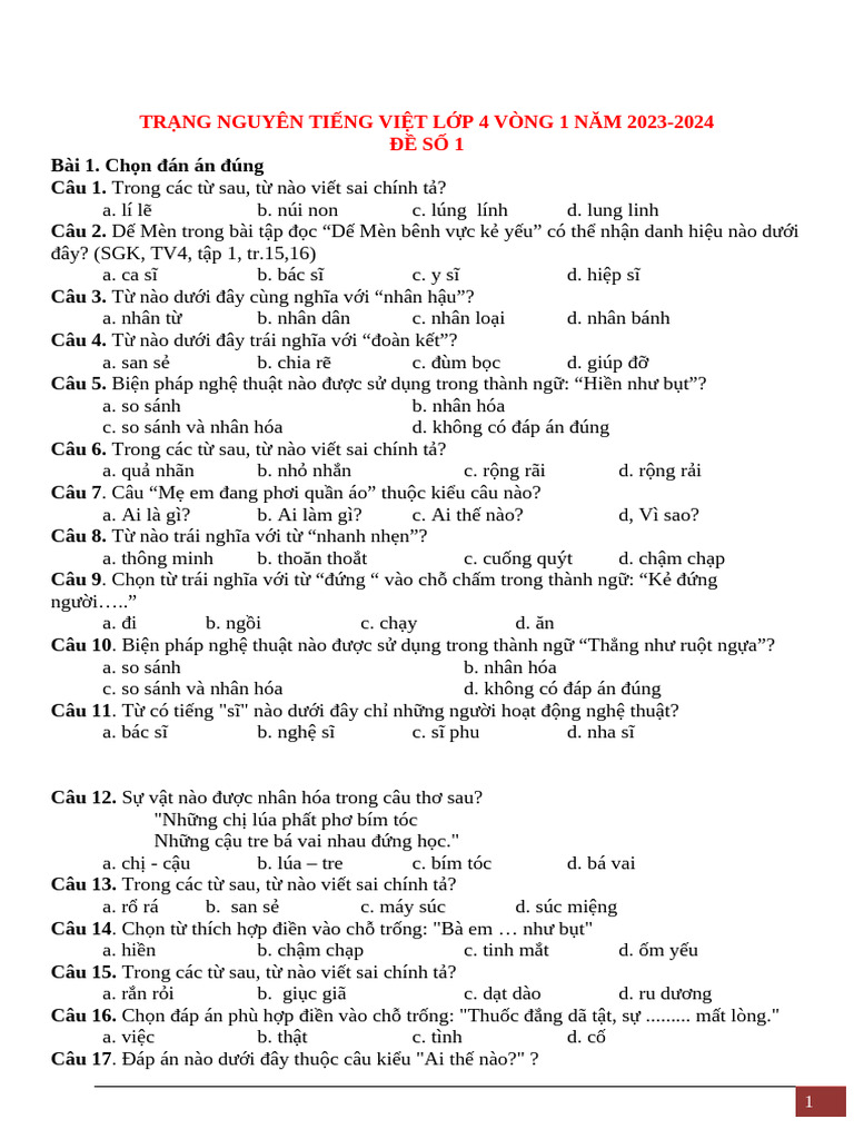 TNTV LỚP 4. VÒNG 1 | PDF