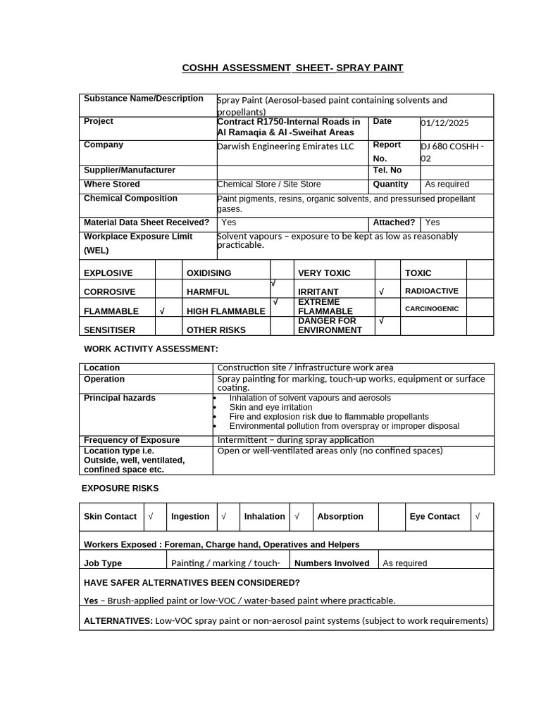 COSHH Assessment for Spray Paint Use | PDF | Paint | Personal ...