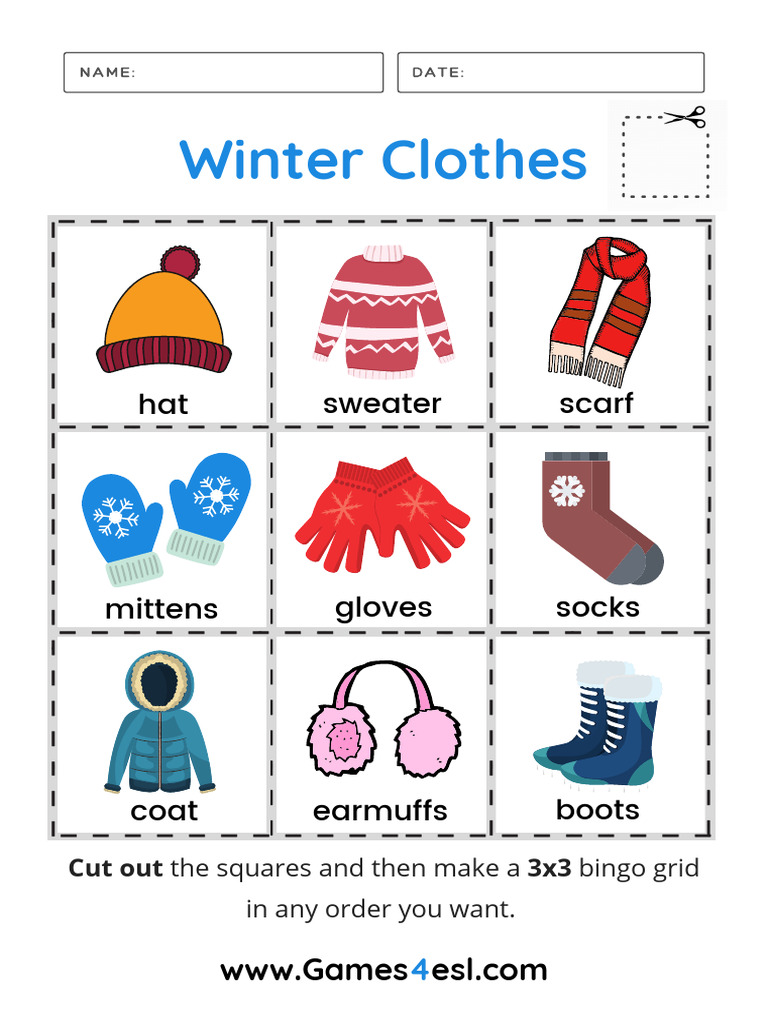 Winter Clothes Bingo Game Template | PDF