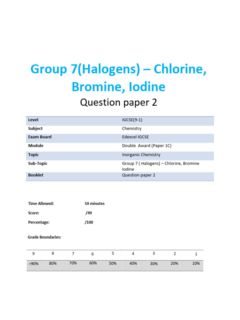 IGCSE Chemistry: Group 7 Halogens Exam | PDF | Atoms | Molecules