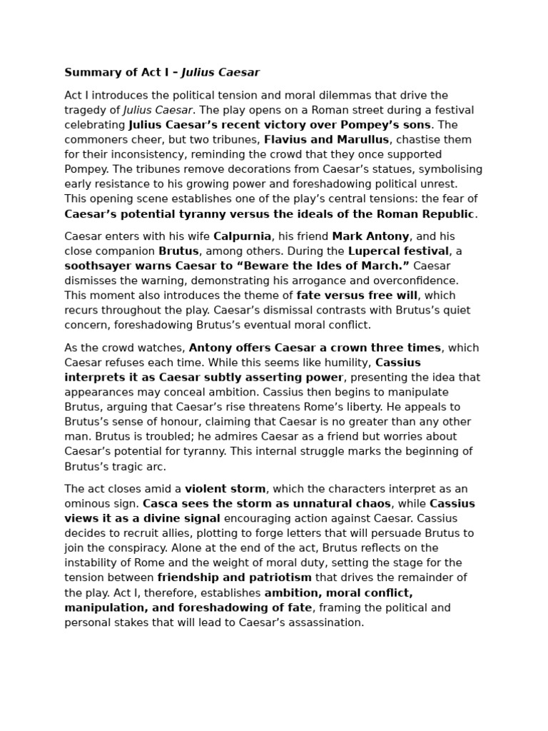 Summary of Act 1 Julius Caesar by William Shakespeare | PDF