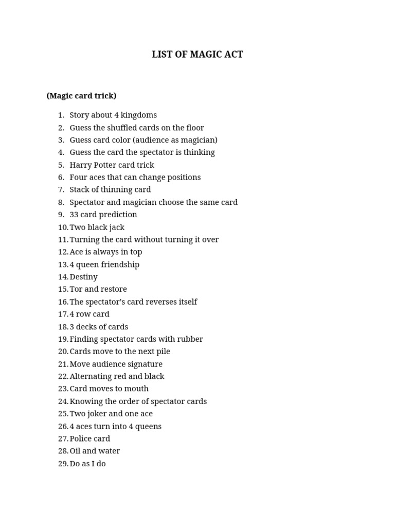 Comprehensive Magic Tricks List | PDF