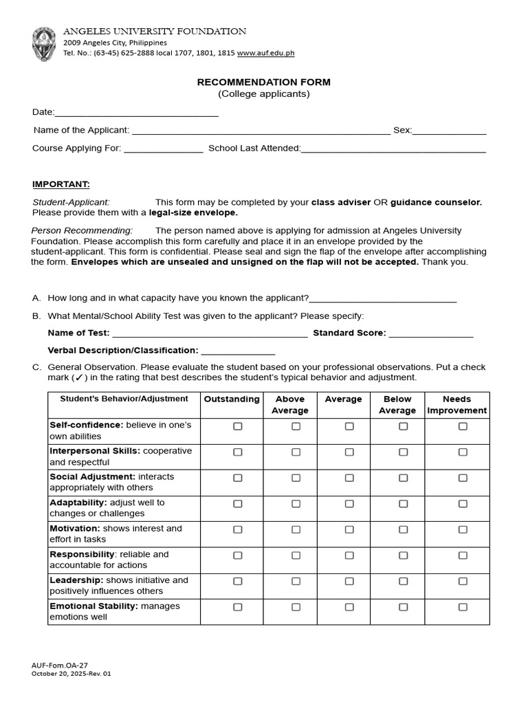 (Final) College-Recommendation Form | PDF | Mental Health | Behavioural ...