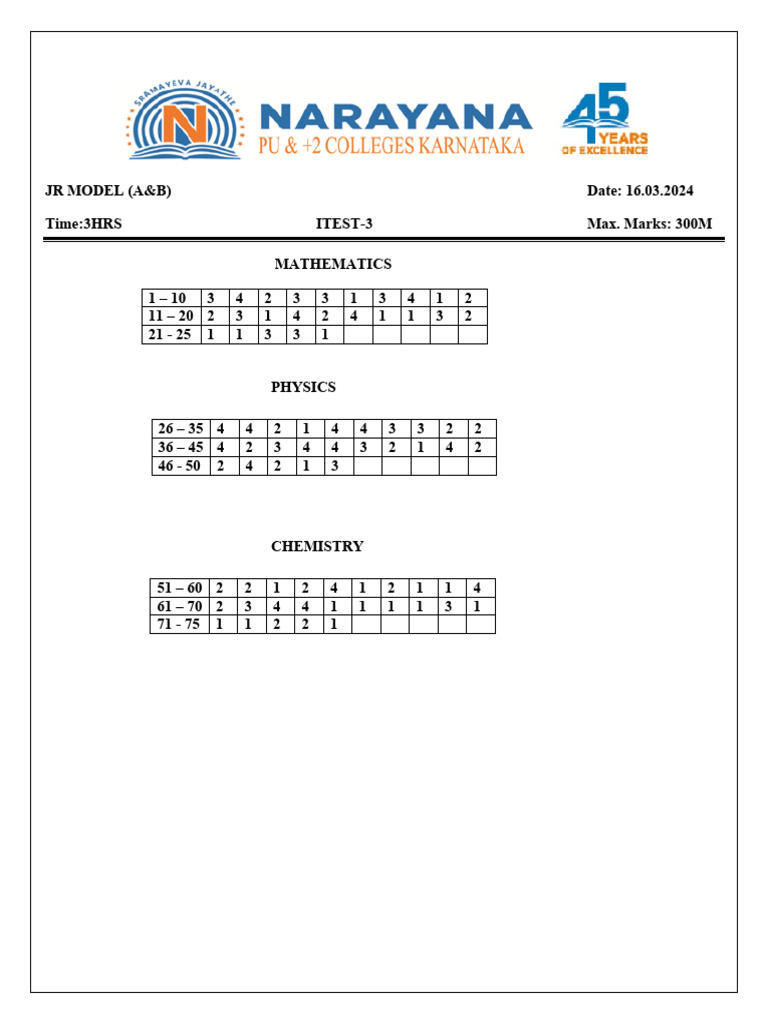 16.03.2024 JR (A & B) Test -3 KEY | PDF