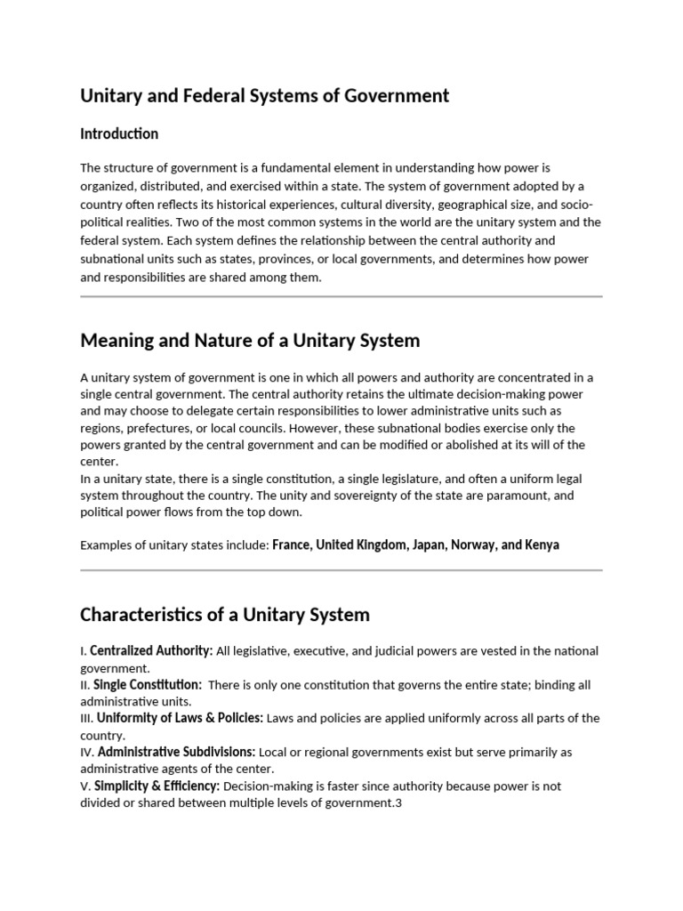 Unitary and Federal Systems of Government | PDF | Federalism | Constitution
