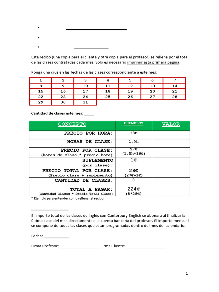 12b. Recibo y Condiciones Clases Inglés, Canterbury English | PDF