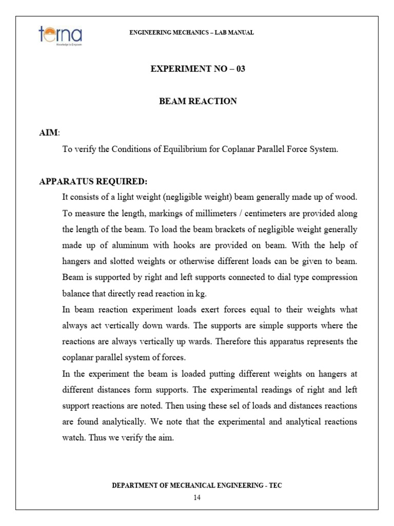 Beam Reaction Experiment Lab Manual | PDF | Beam (Structure) | Force
