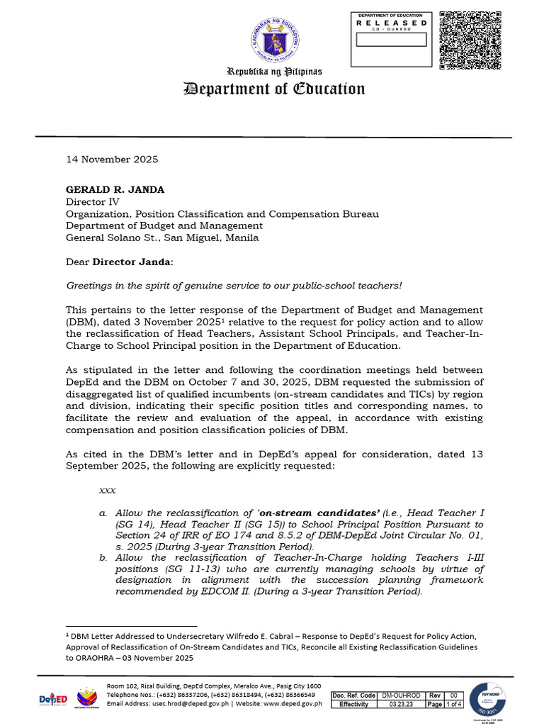 Reclassification Request for School Principals | PDF | Government ...