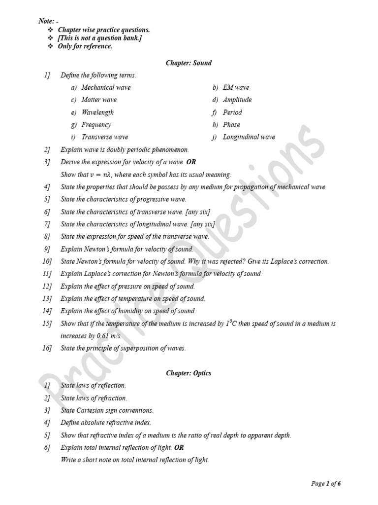 Chapter-Wise Physics Practice Questions | PDF | Waves | Sound