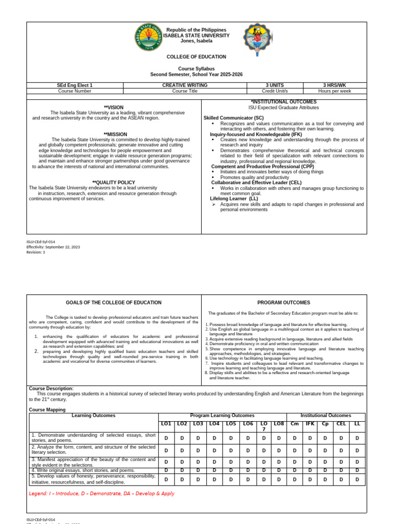 Creative Writing Course Syllabus 2025-2026 | PDF | Teachers | Learning