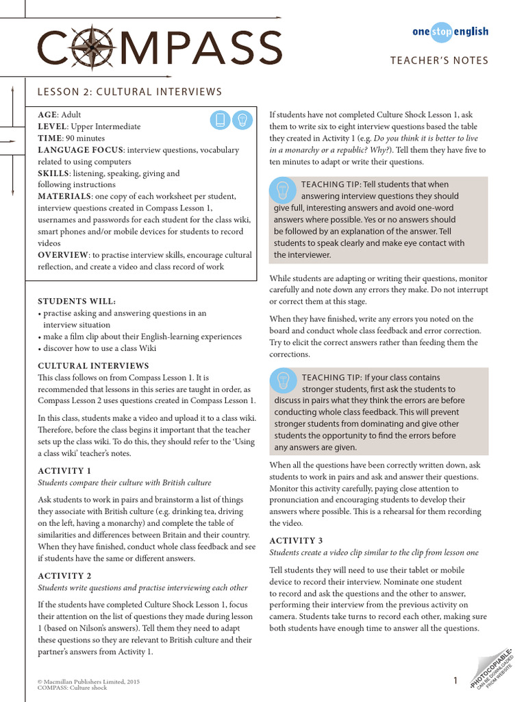 Cultural Interviews Lesson Plan for Adults | PDF | Question | Human ...