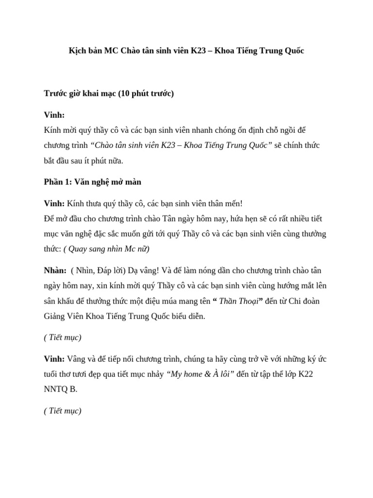 Kịch Bản MC Chào Tân Sinh Viên K23 | PDF