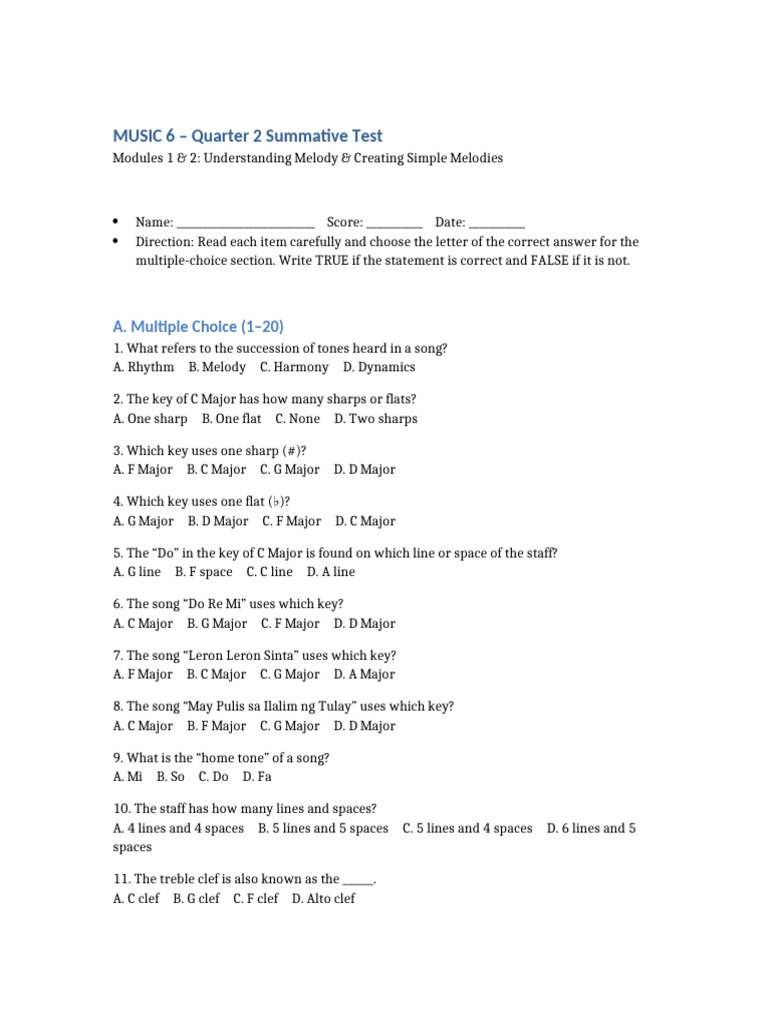 Music Test: Melody & Key Signatures | PDF | Clef | Musical Compositions
