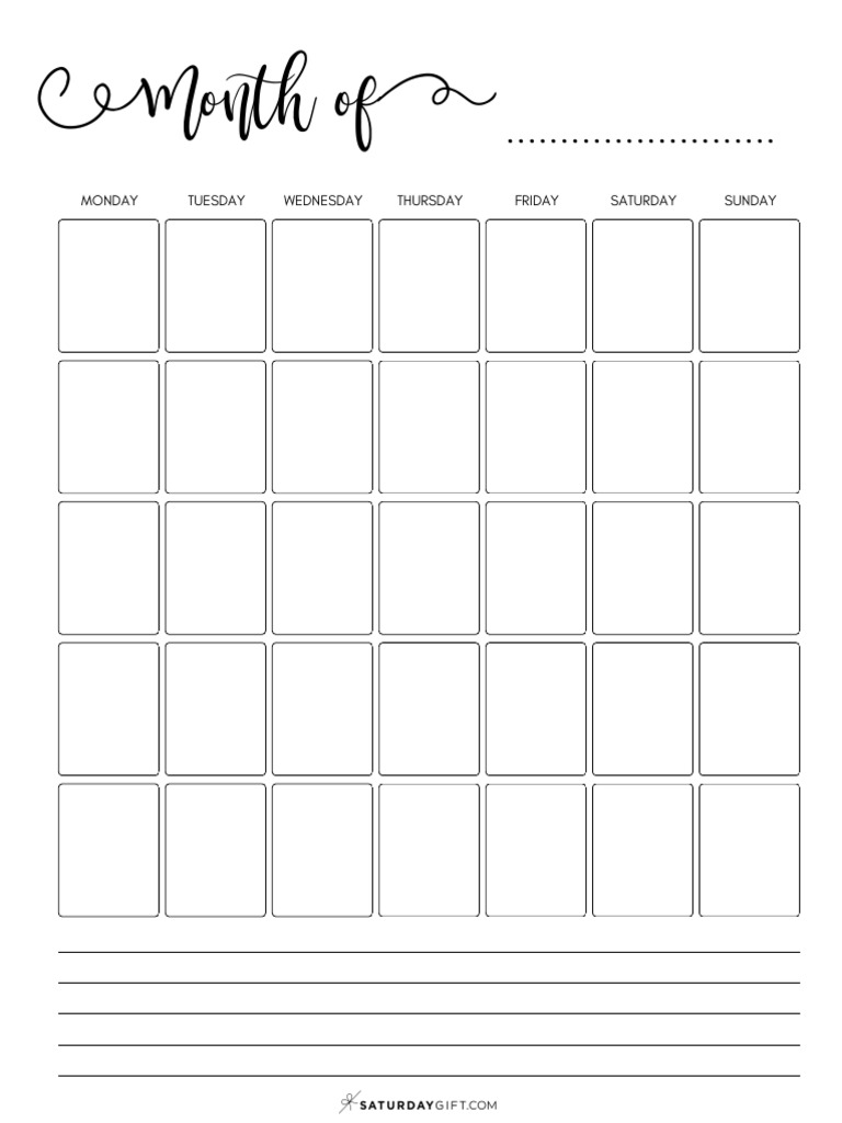 Blank Monthly Calendar Template Blank Calendar PDF Monday Start ...