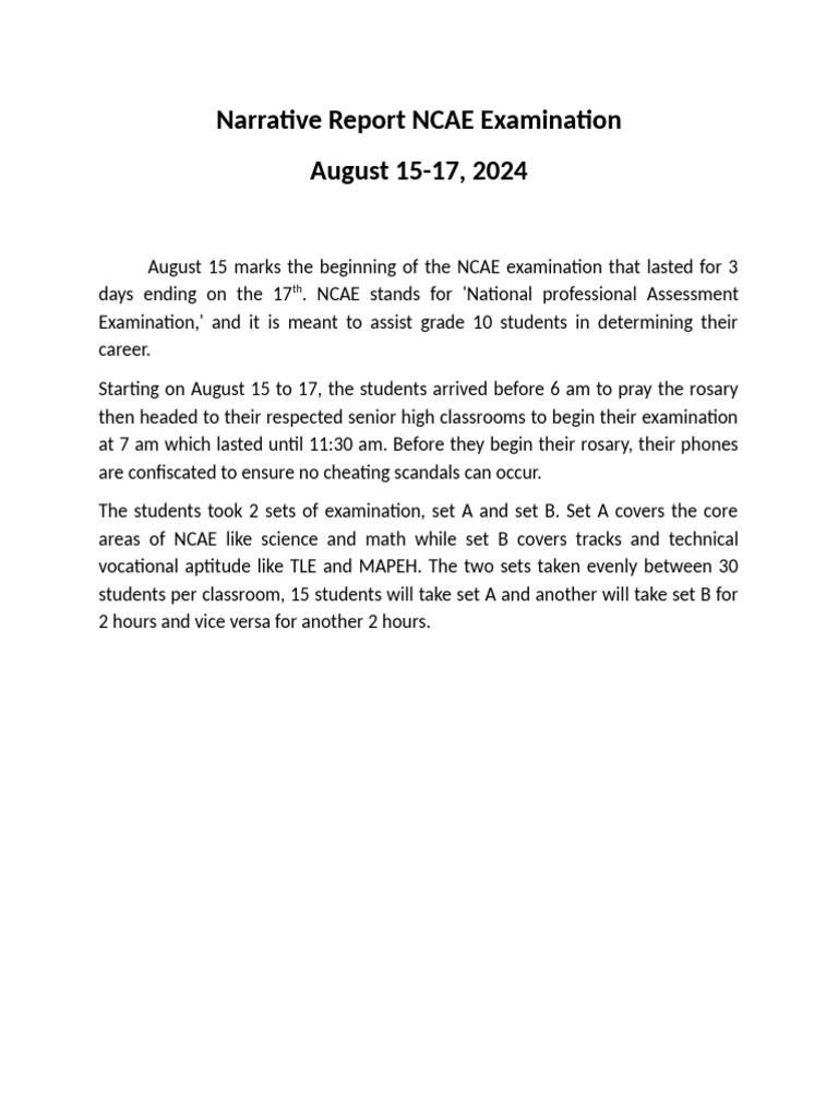 NCAE Examination Report: August 2024 | PDF